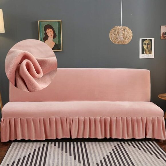 Other | Armless Velvet Pink Futon Cover With Ruffle Skirt Stretch Futon ...